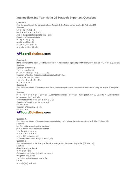 Maths 2b Parabola Important Questions Pdf Geometric Shapes Mathematical Concepts