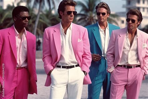 Group Of Retro Wave Vice Miami Fashioned Men In Sunglasses Sunset