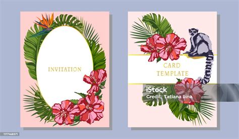여우원숭이와 열대 잎 배경 배너 전단지 초대장 포스터 웹 사이트 또는 인사말 카드에 대한 이국적인 꽃 디자인인사 초대 카드 템플릿 디자인 벡터 일러스트레이션 0명에 대한