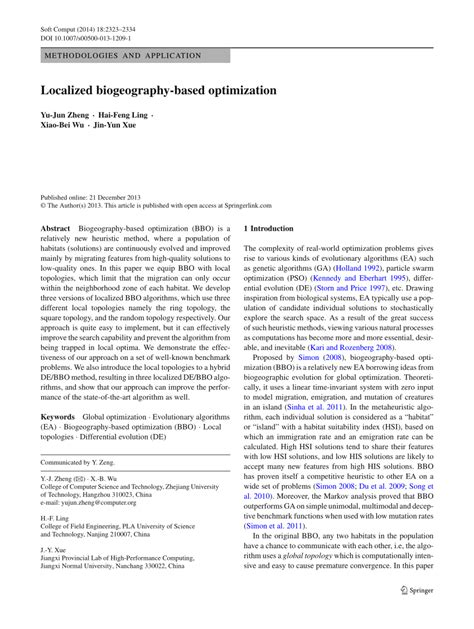 Pdf Localized Biogeography Based Optimization