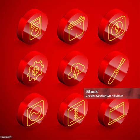 라인 암페어 미터 멀티 미터 자동차 배터리 번개 볼트 기어 및 번개 클라우드 스크루 드라이버 Ac 전압 소스 및 전기 변압기 아이콘을 설정합니다 벡터 3차원 형태에 대한