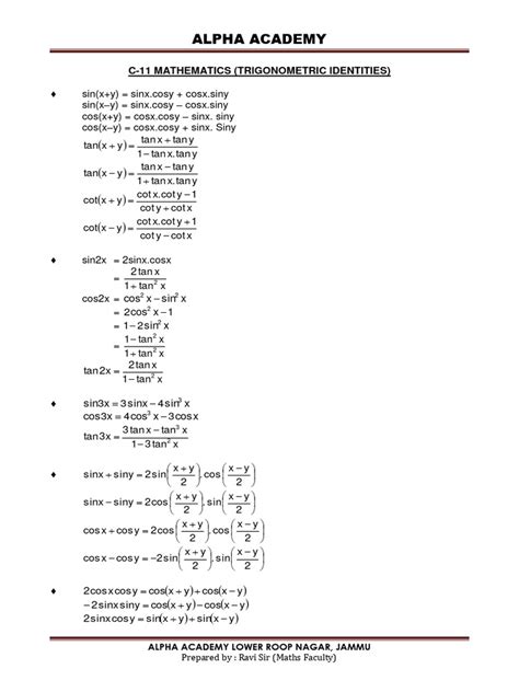 C11 Trigonometric Functions Formula Sheet Pdf