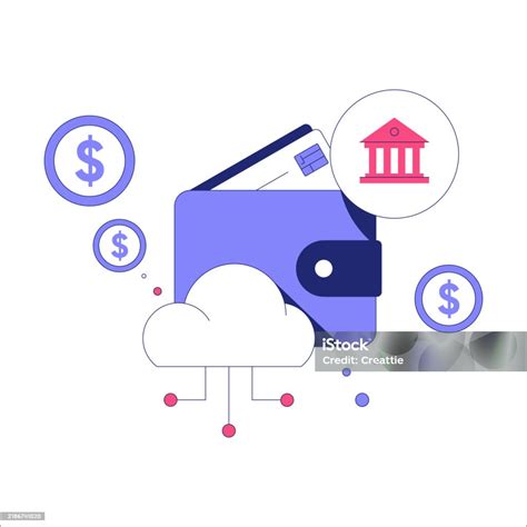 은행 아이콘과 달러 동전이 있는 디지털 지갑은 온라인 뱅킹 클라우드 스토리지 및 재무 관리를 상징하는 평면 벡터 일러스트 레이 션으로 흰색 배경에 고립되어 있습니다 0명에