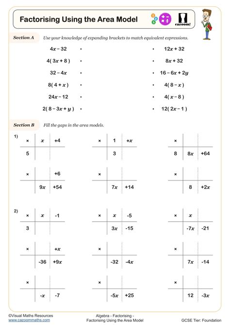 Factorising Using The Area Model Worksheet Printable Pdf Year 8 And Year 9 Algebra Worksheet