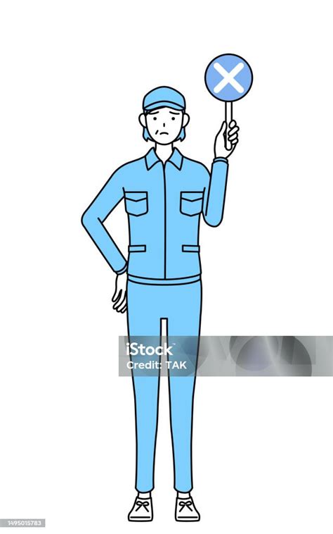모자와 작업복을 입은 노파가 오답을 나타내는 X가 적힌 플래카드를 들고 있다 건설 현장에 대한 스톡 벡터 아트 및 기타 이미지