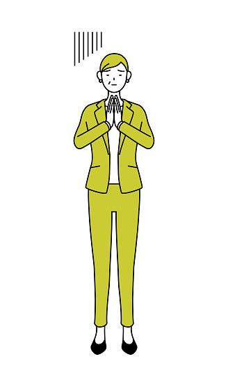 양복을 입은 고위 여성 여성 관리자 커리어 우먼이 몸 앞에서 손으로 사과하는 간단한 선 그리기 그림 경영자에 대한 스톡 벡터