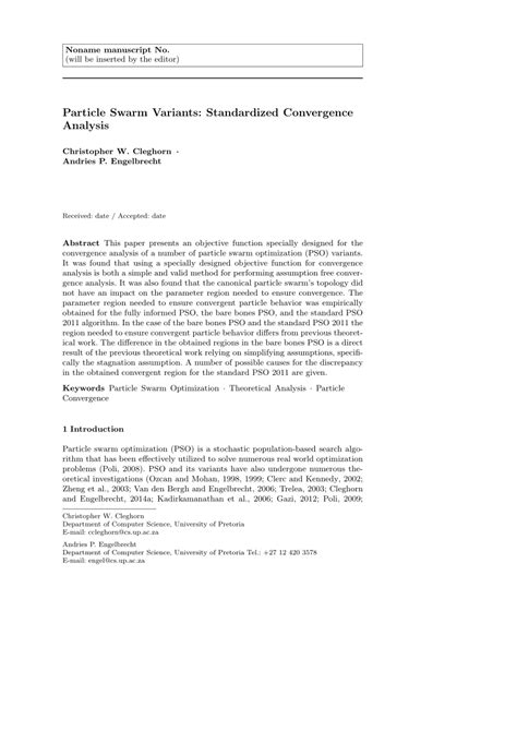 Pdf Particle Swarm Variants Standardized Convergence Analysis