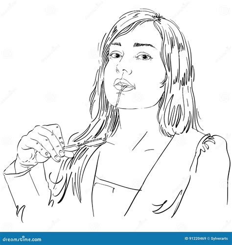 Vector Portrait Of Attractive Woman Holding Her Eyeglasses And T Stock