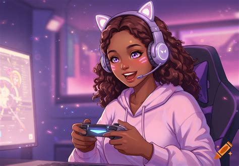 Anime Gamer Girl With Dark Skin Cat Ear Headphones Playing Video