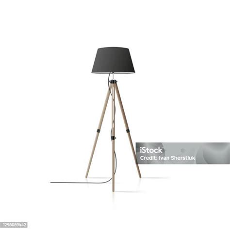 장식 바닥 램프 삼각대 블랙 실크 램프 갓과 나무 다리를 가진 원래 모델 거실 침실 서재 및 사무실용 흰색 배경의 벡터 그림입니다 0명에 대한 스톡 벡터 아트 및 기타