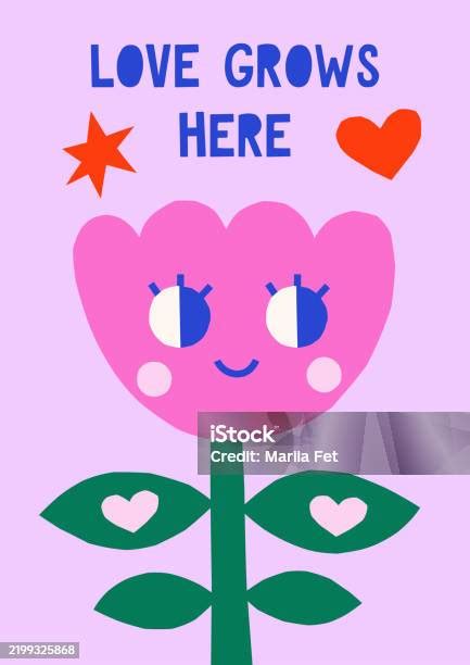 마음과 별을 가진 그루비한 꽃 캐릭터의 손으로 그린 간단한 그림 귀여운 컷 아웃 스타일 발렌타인 데이 벡터 카드 강렬하고 밝은 색상에 대한 스톡 벡터 아트 및 기타 이미지