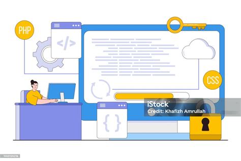 사람 캐릭터 개념이 있는 평면 프로그래밍 개요 디자인 스타일 랜딩 페이지 웹 배너 인포그래픽 영웅 이미지에 대한 최소한의 벡터