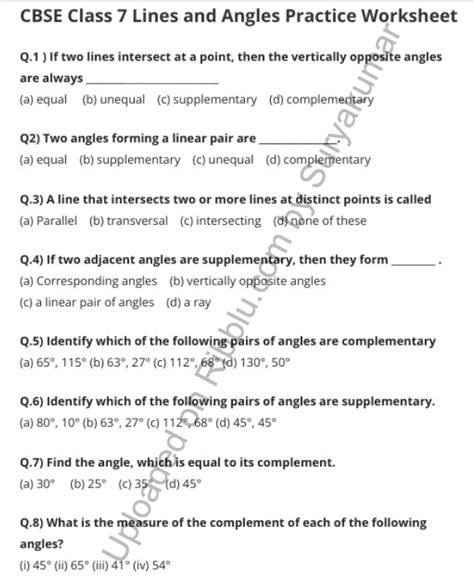 CBSE Class 7 Lines And Angles Worksheets