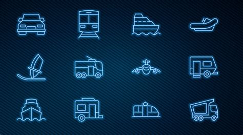 세트 라인 배달화물 트럭 Rv 캠핑 트레일러 유람선 트롤리 버스 윈드 서핑 자동차 비행기 및 기차 및 철도 아이콘 벡터 교통