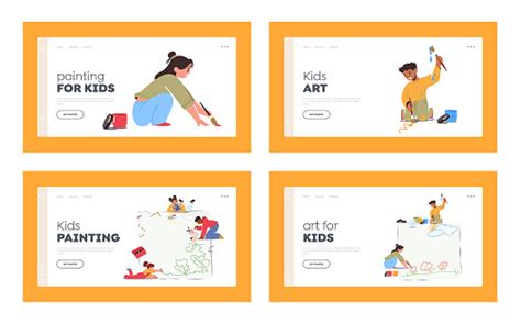 아이 페인팅 랜딩 페이지 템플릿 세트 브러쉬 또는 컬러 연필을 가진 어린 소년과 소녀 캐릭터는 사진을 만듭니다 아이에 대한 스톡