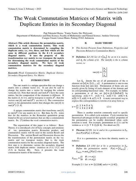 The Weak Commutation Matrices Of Matrix With Duplicate Entries In Its Secondary Diagonal Pdf