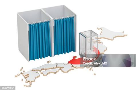 일본 선거 개념 투표 용지 상자와 일본의 지도에 투표 부스 3d 렌더링 3차원 형태에 대한 스톡 사진 및 기타 이미지 3차원 형태 Political Party