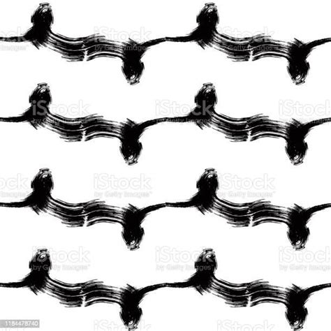 흰색 배경에 손으로 그린 검은 브러시 스트로크와 원활한 패턴 잉크 일러스트레이션 검은색에 대한 스톡 벡터 아트 및 기타 이미지