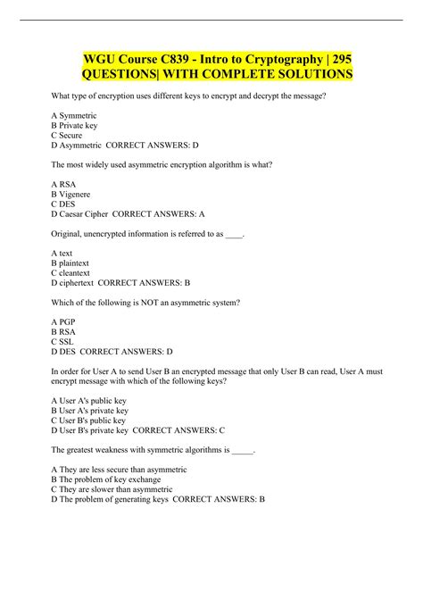 Wgu Course C839 Intro To Cryptography 295 Questions With Complete Solutions Wgu C839