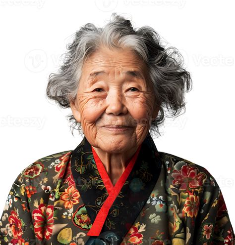 Old Korean Woman Smiling And Gesturing On Isolated Transparent Background Png