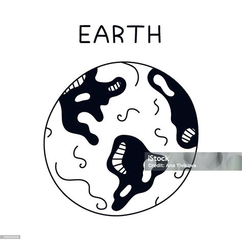 재미 있는 손으로 그린 흑백 지구 지구본 원 안에 세계 지도가 있는 태양계의 우리 행성 어린이 교육 은하계 디자인을 위한 천문학 천체의 유치한 고립된 윤곽 낙서 검은색에