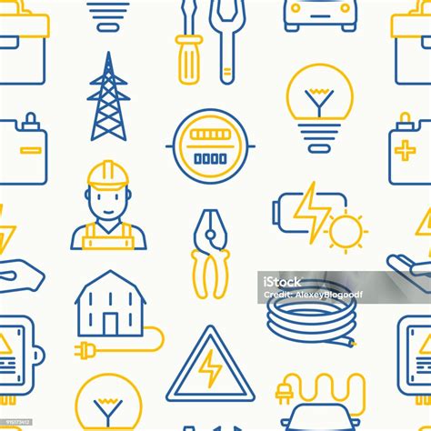 얇은 선 아이콘 전기 원활한 패턴 전기 전구 철 탑 도구 상자 케이블 전기 자동차 손 태양 전지 배너 웹 페이지 인쇄 매체에 대 한 벡터 일러스트 전기공에 대한 스톡 벡터