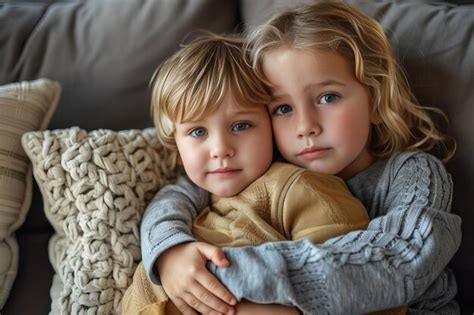 Two Siblings Hugging Couch Premium Ai Generated Image