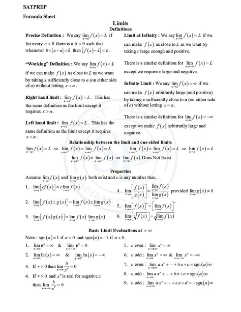 Calculus Equations Sheet