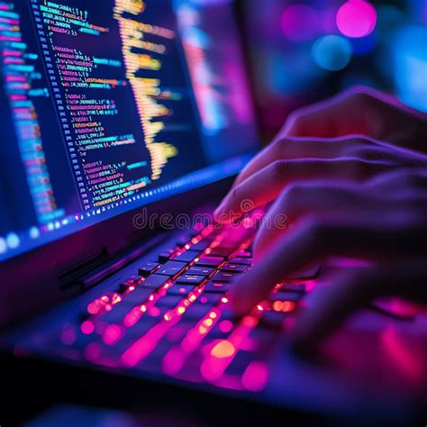 Programmer Coding On Laptop At Night With Pink Keyboard Glow Stock
