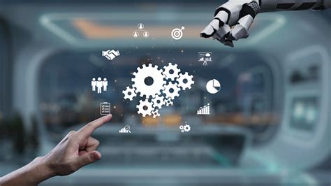 로봇 팔 및 손이 있는 미래 지향적인 인터페이스 협업 및 혁신 테마의 현대적인 사무실 환경에서 데이터 아이콘과 상호 작용합니다 오바나 가상현실에 대한 스톡 사진 및 기타