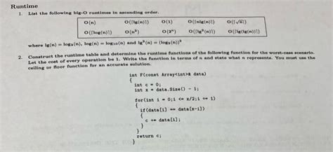 solved runtime 1 list the following big o runtimes in