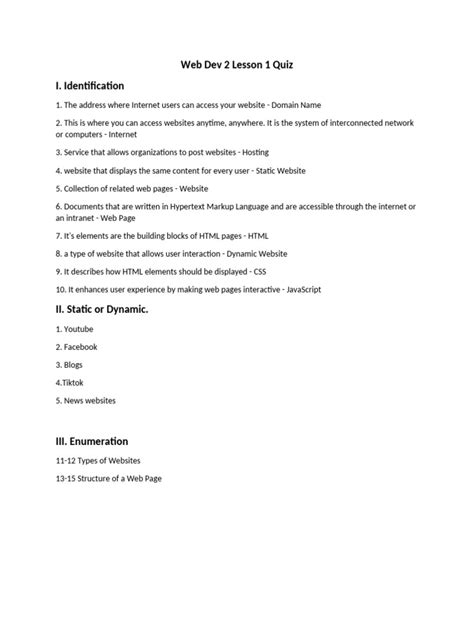 Web Dev 2 Lesson 1 Quiz With Answers Pdf