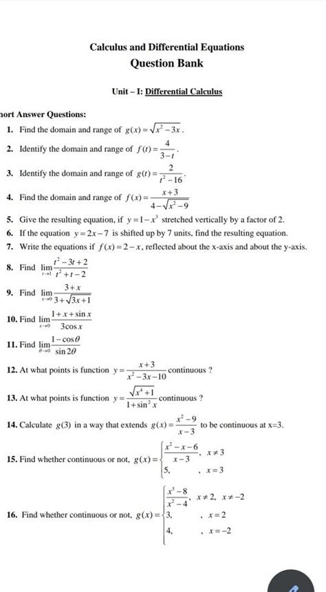 Calculus And Differential Equations Question Bank Unit I Differential