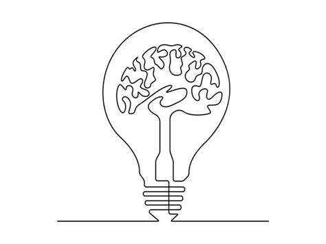 색 배경 터 일러스트레이션에 고립된 연속적인 단선 그림의 램프에서 뇌 프리미엄 벡터