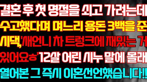 반전 실화사연 결혼 후 첫 명절을 쇠고 가려는데 수고했다며 며느리 용돈 3백을 준 시댁 새언니 차 트렁크에 재밌는 거 있어요 시누 말에 열어본 그 즉시 이혼선언했습니다