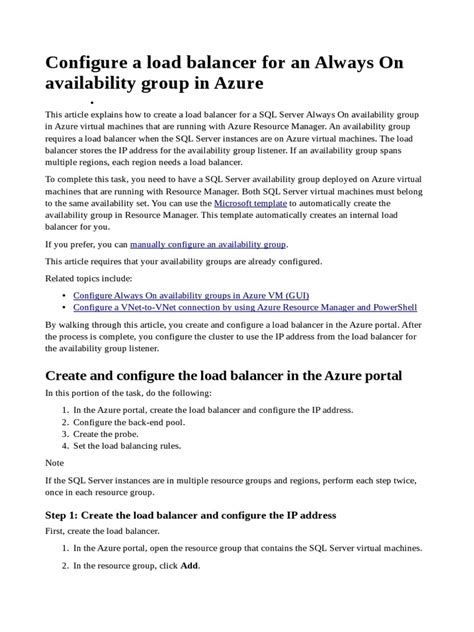 Configure A Load Balancer For An Always On Availability Group In Azure Pdf Load Balancing