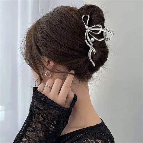 당일출고신상추가 Y2k 실버 메탈 헤어 집게핀 유니크 반묶음 올림머리 대형 왕 미니 반머리 리본 꼬임 진주 사각 6종