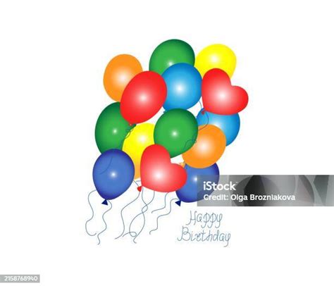 풍선 손글씨 생일 축하합니다 밧줄이 있는 현실적인 여러 가지 빛깔의 비행 풍선 묶음 엽서 휴일 파티에의 초대장 그래픽 벡터 0명에 대한 스톡 벡터 아트 및 기타 이미지