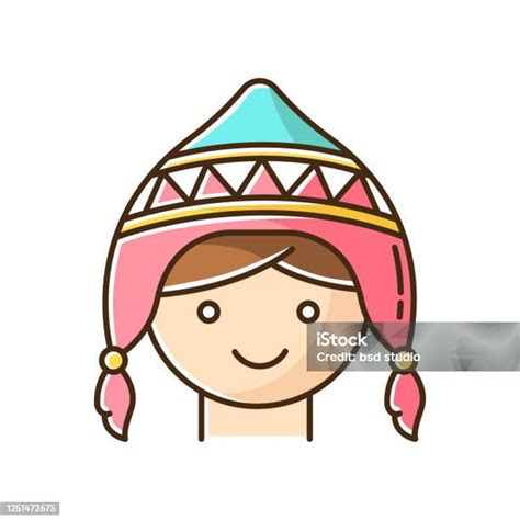 핸드니트 모자 Rgb 컬러 아이콘 출로에서 귀여운 페루 소녀 이어 플랩이 달린 전통적인 모직 모자 안데문화의 상징 국가 의상 부분 격리된 벡터 그림 0명에 대한 스톡 벡터