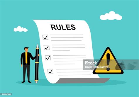 규칙 및 규정 문서를 작성하는 사업가 규칙 및 규정 직원이 따라야 할 정책 및 지침 법적 용어 기업 준수 또는 법률 표준 절차 개념 규칙에 대한 스톡 벡터 아트 및 기타