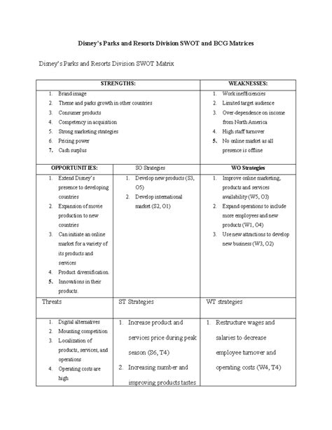 Disneys Parks And Resorts Division Swot And Bcg Matrices Disneys