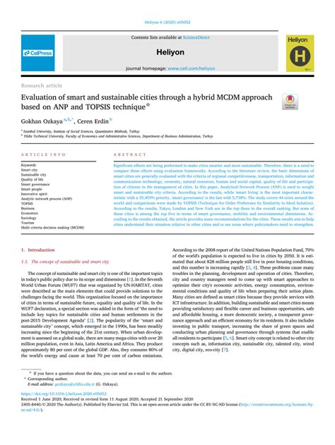 Pdf Evaluation Of Smart And Sustainable Cities Through A Hybrid Mcdm Approach Based On Anp And