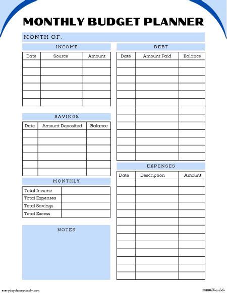 6 Free Printable Monthly Budget Planner