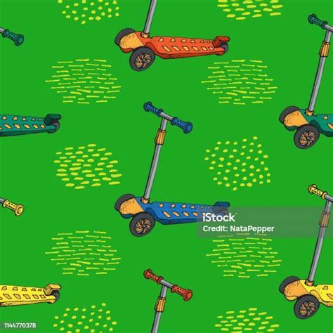 아이 완벽 한 패턴에 대 한 귀여운 작은 스쿠터 3 륜 차량 스포츠를 타고 장난감입니다 균형 자전거입니다 푸시 주기 손으로 그린