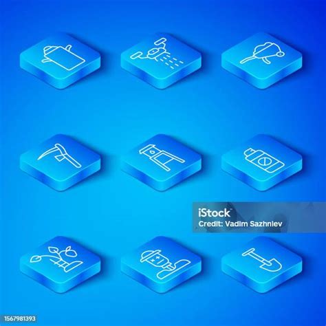 딸기 덤불 급수탑 허수아비 비료용 정원 분무기 흙이 있는 수레 낫 캔 용기 우유 및 삽 아이콘을 설정합니다 벡터 3차원 형태에 대한 스톡 벡터 아트 및 기타 이미지 Istock