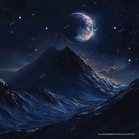 Ai创作图蓝月夜梦幻唯美奇幻 意境图片星月山川挂图 插画海平面 质感蓝色山水 梦境科幻地球插画 星月河幻想插画 3d山脉背景 蓝色调山风景 插画海洋辽阔 星海装饰画 星辰大海宇宙苍穹 抽象写意