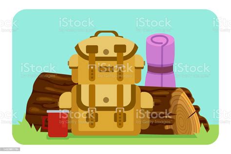로그 벡터 일러스트레이션 앞에서 캠핑을 위한 카키색 배낭 커피 마실 것에 대한 스톡 벡터 아트 및 기타 이미지 커피 마실 것