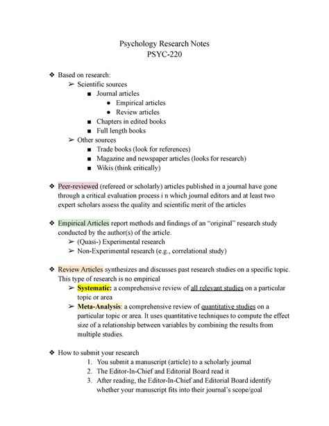 PSYC 220 Notes Research Based Information Psychology Research Notes