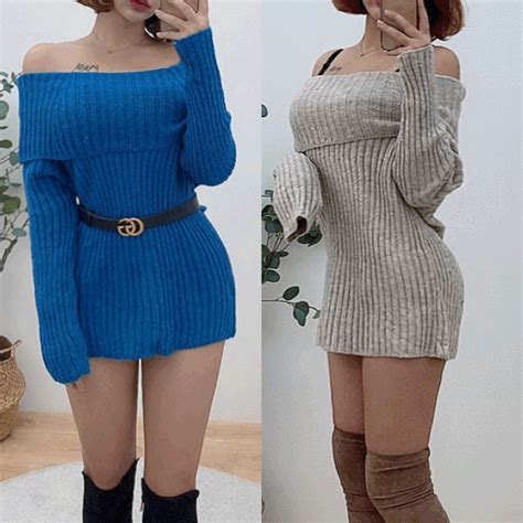 [여친룩~ ] 여리핏 오프숄더 골지 니트 원피스 4color 에이블리