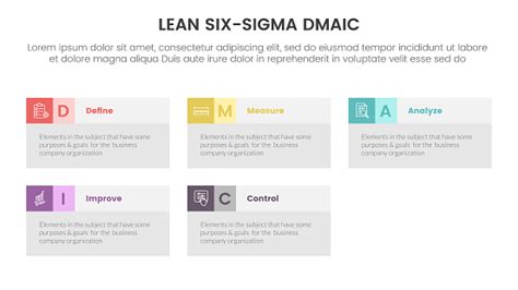 Dmaic Lss 린 식스 시그마 인포 그래픽 5 포인트 무대 템플릿 슬라이드 프리젠 테이션에 대 한 사각형 상자 정보 개념 0